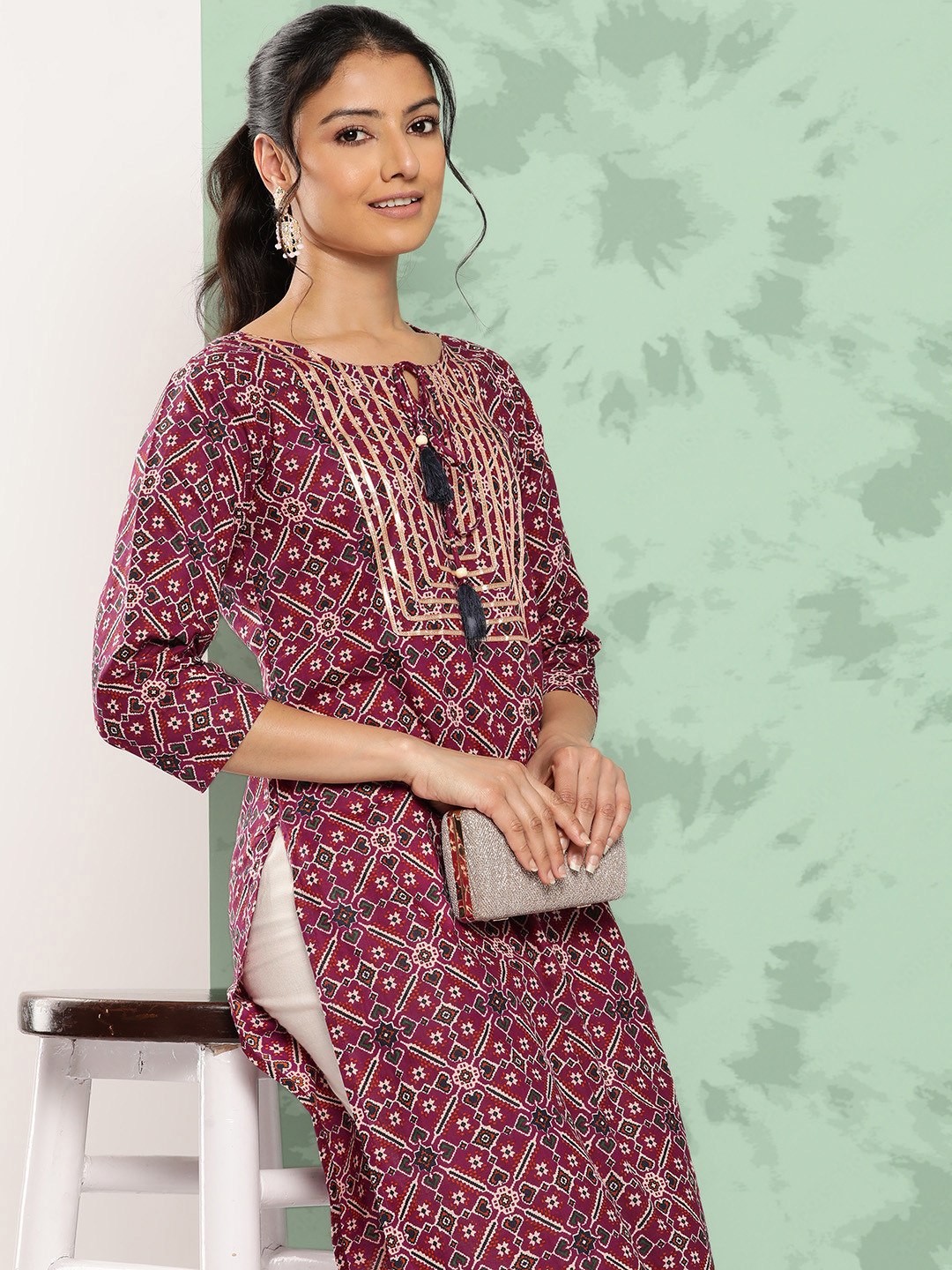 Buy Varanga Women Ethnic Motifs Printed Gotta Patti Indie Prints Kurta ...
