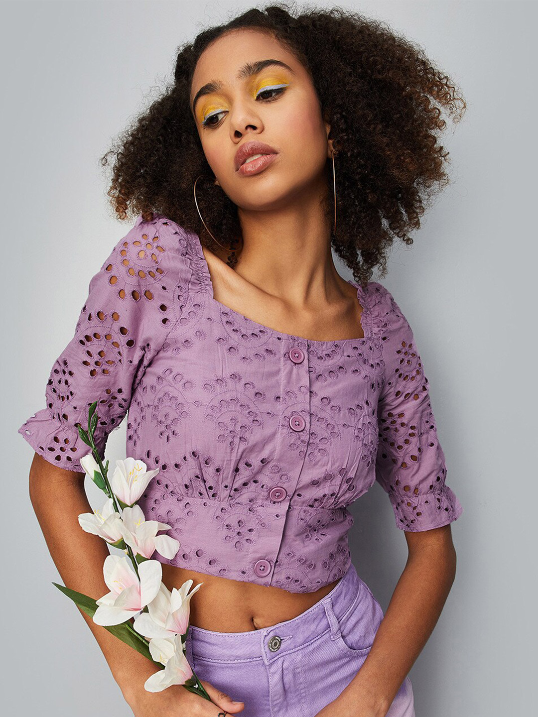 Buy Max Floral Self Design Square Neck Puff Sleeves Cotton Crop Top ...