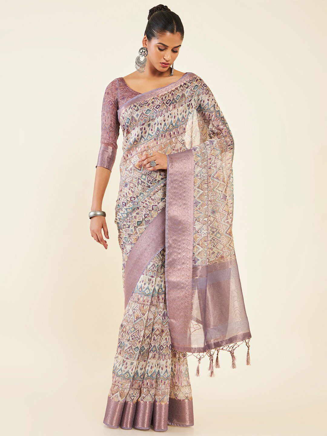 Buy Soch Ethnic Motifs Pure Silk Chanderi Zari Saree With Tassel ...