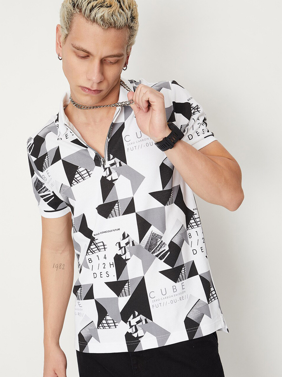 Buy Max Geometric Printed Polo Collar Cotton T Shirt - Tshirts for Men ...