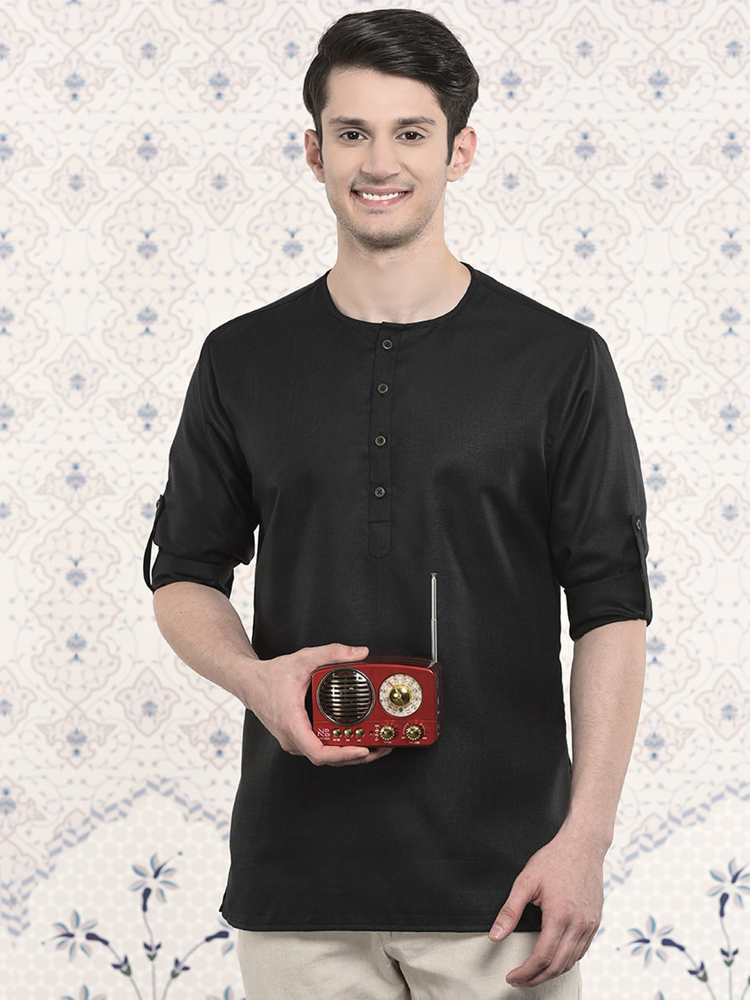 Buy Ode By House Of Pataudi Round Neck Roll Up Sleeves Silk Cotton ...