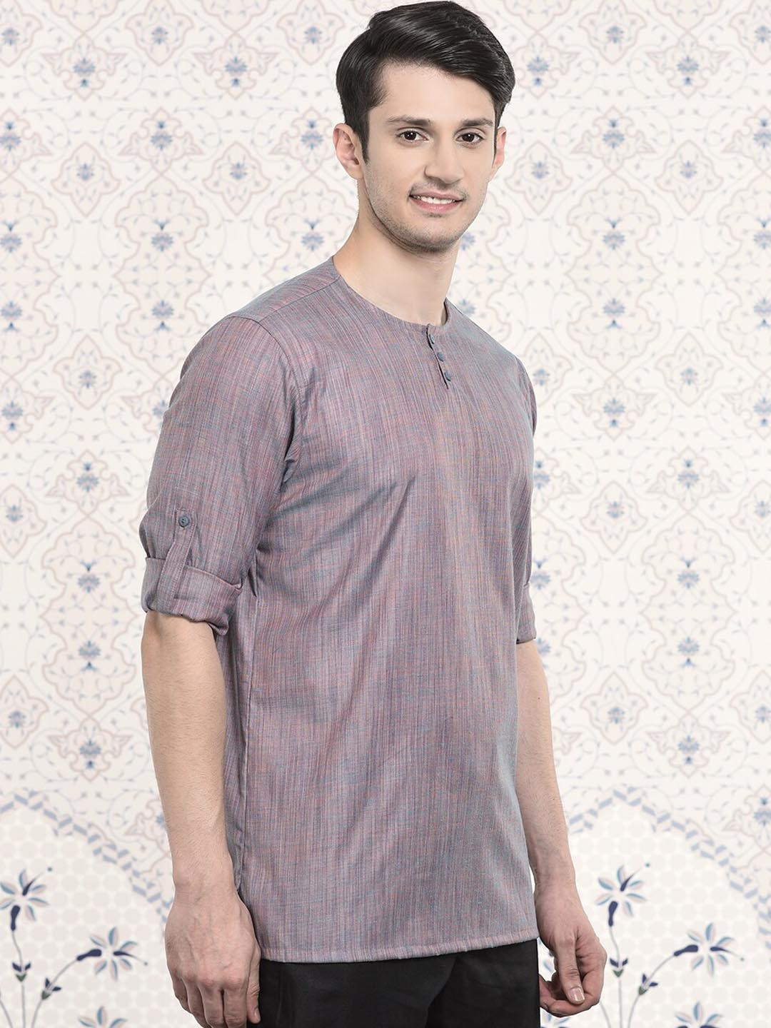 Buy Ode By House Of Pataudi Striped Henely Neck Jacquard Short Kurta ...