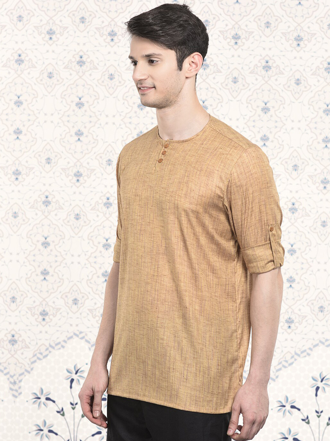 Buy Ode By House Of Pataudi Striped Henely Neck Jacquard Short Kurta ...