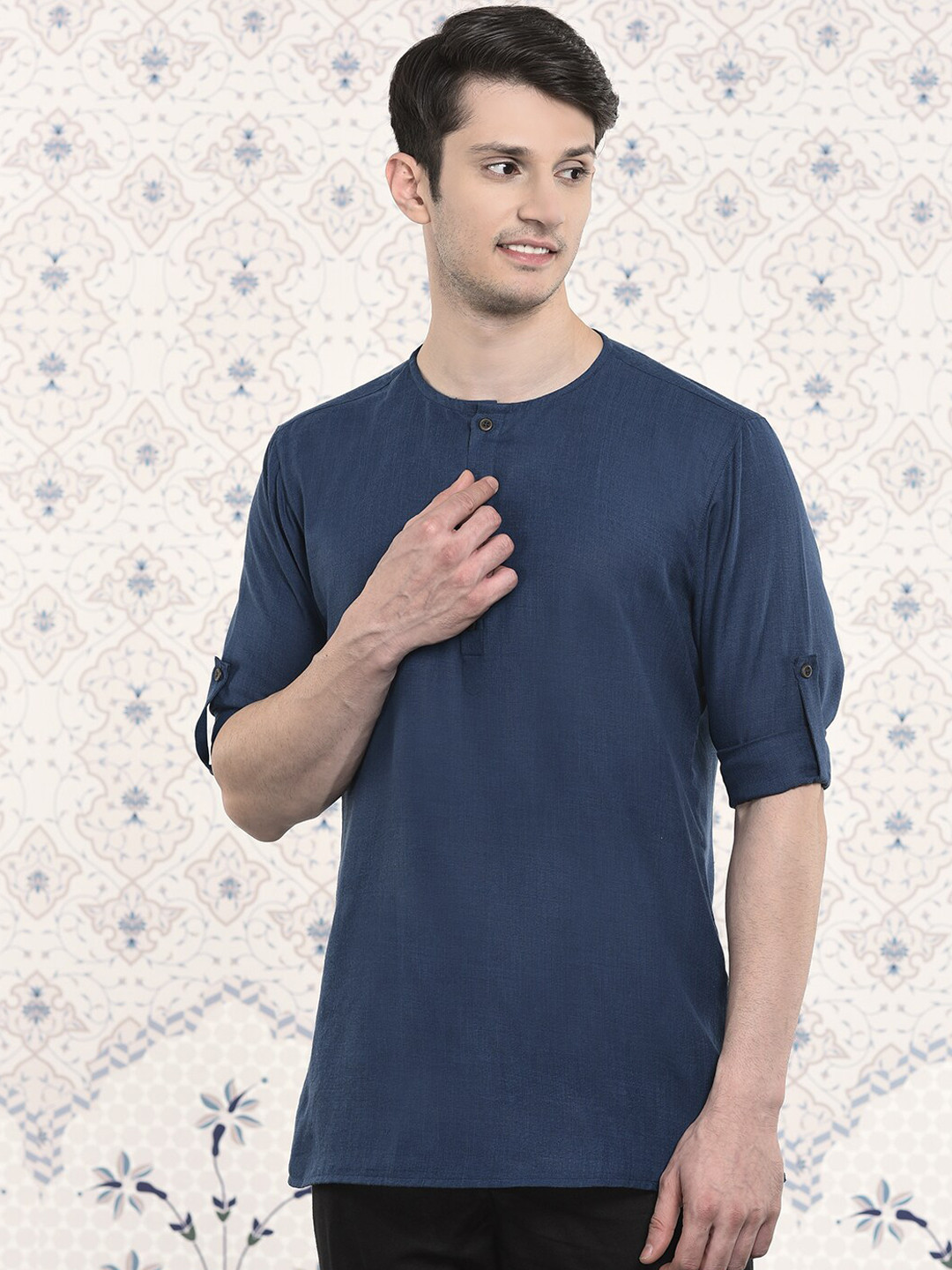 Buy Ode By House Of Pataudi Round Neck Roll Up Sleeves Silk Cotton ...