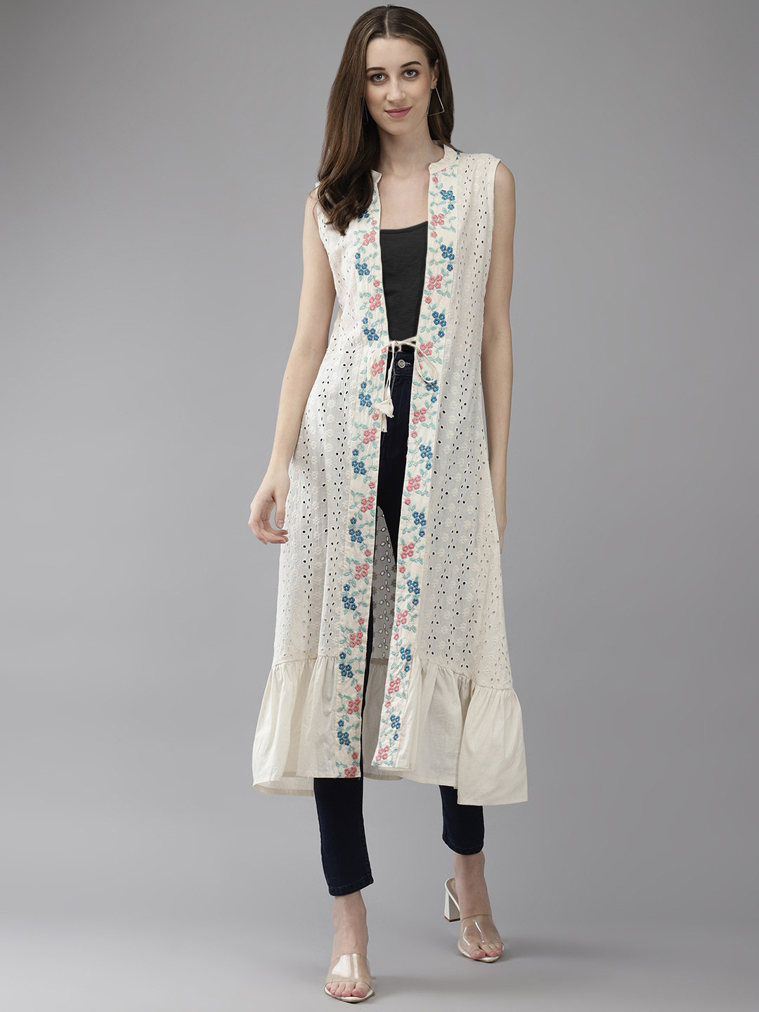 Buy Aarika Floral Longline Cotton Open Front Jacket With Embroidered ...