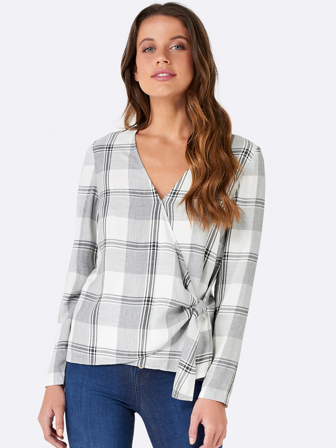 Buy Forever New Women Grey Checked Wrap Top - Tops for Women 2245724 ...