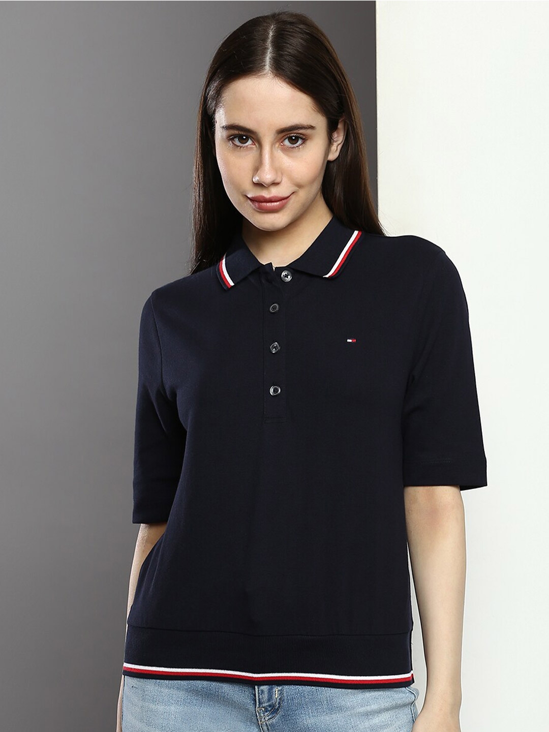 Buy Tommy Hilfiger Three Quarter Sleeve Polo Collar Organic Cotton T