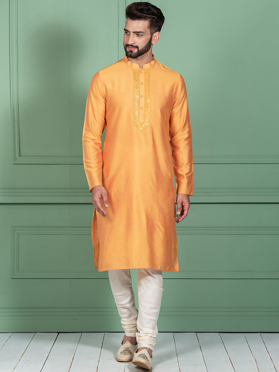 Buy KISAH Mandarin Collar Mirror Work Kurta With Churidar - Kurta Sets ...
