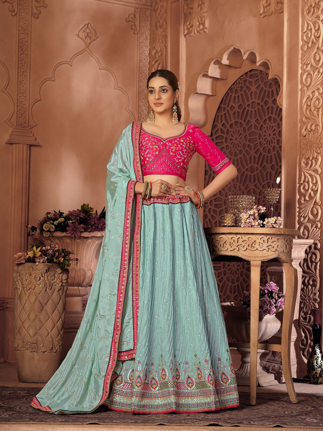 Buy Pandadi Saree Embroidered Sequinned Semi Stitched Lehenga & Blouse ...