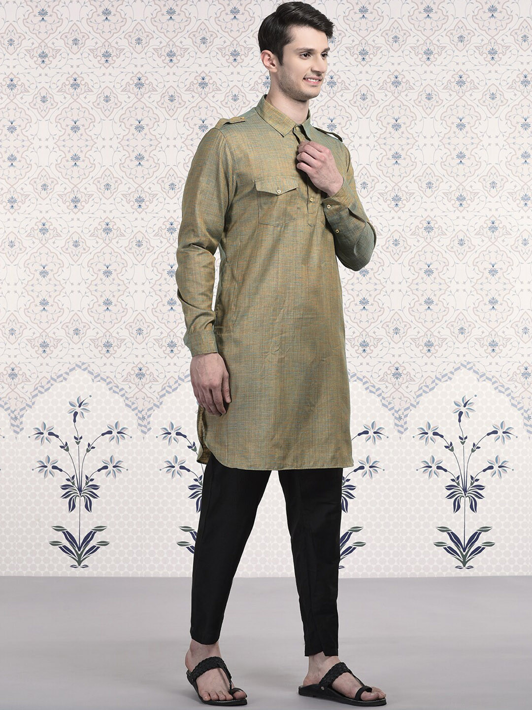 Buy Ode By House Of Pataudi Woven Design Shirt Collar Pathani Kurta ...