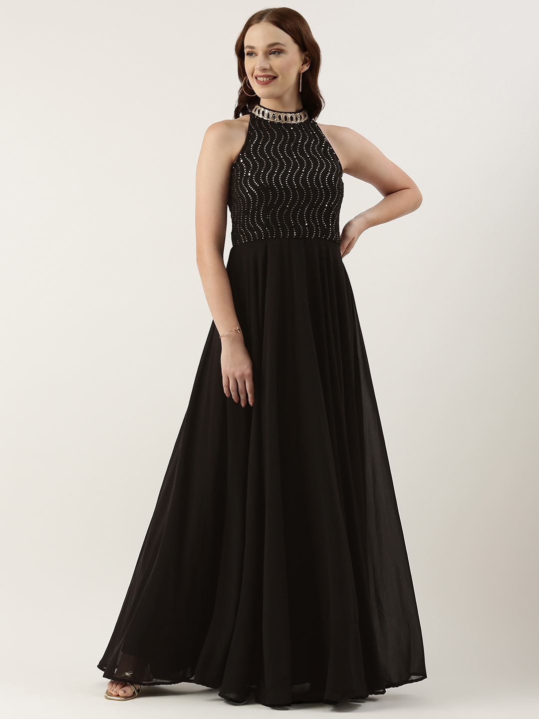 Buy Ethnovog Embellished Halter Neck Georgette Maxi Dress Dresses For