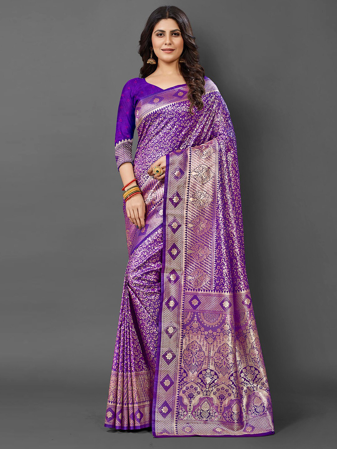 Buy Mitera Ethnic Motifs Woven Design Zari Silk Blend Kanjeevaram Saree ...
