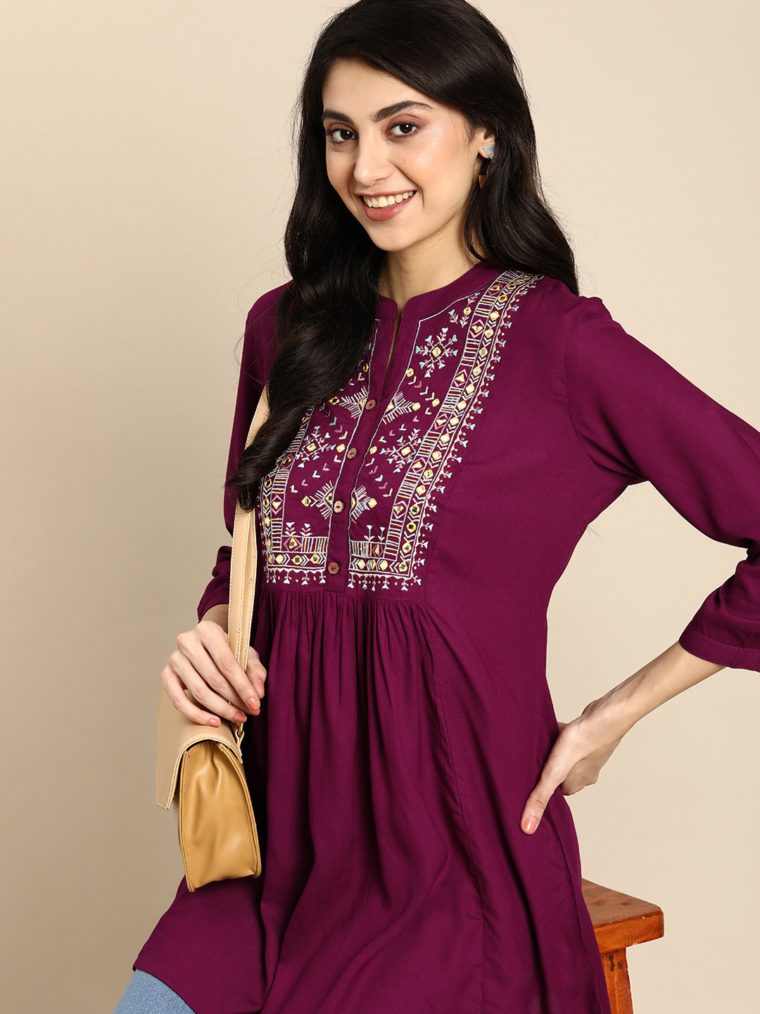 Buy Anouk Ethnic Motifs Embroidered Mirror Work Pleated Short Kurti ...