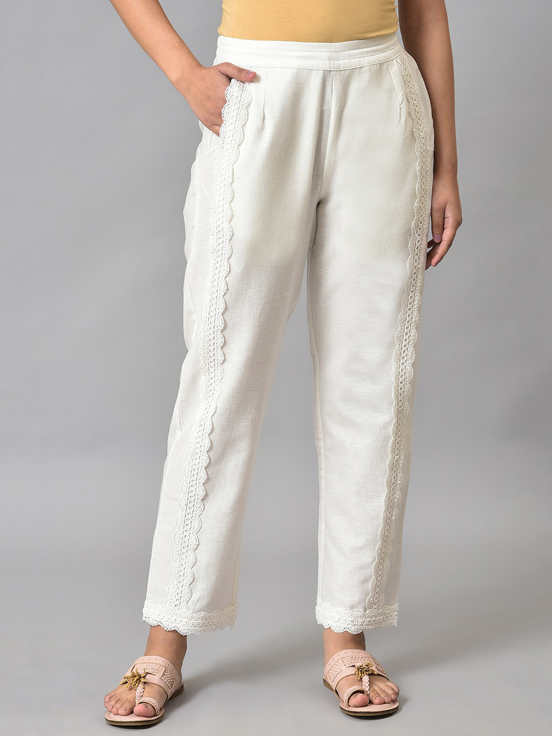 Buy W Women White Woven Mid Rise Pure Cotton Trousers - Trousers for ...