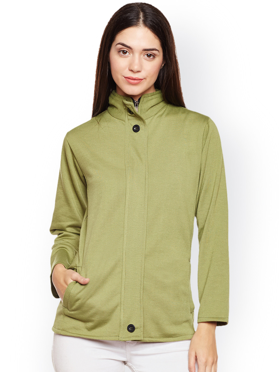 Buy Belle Fille Women Olive Green Solid Lightweight Open Front Jacket ...