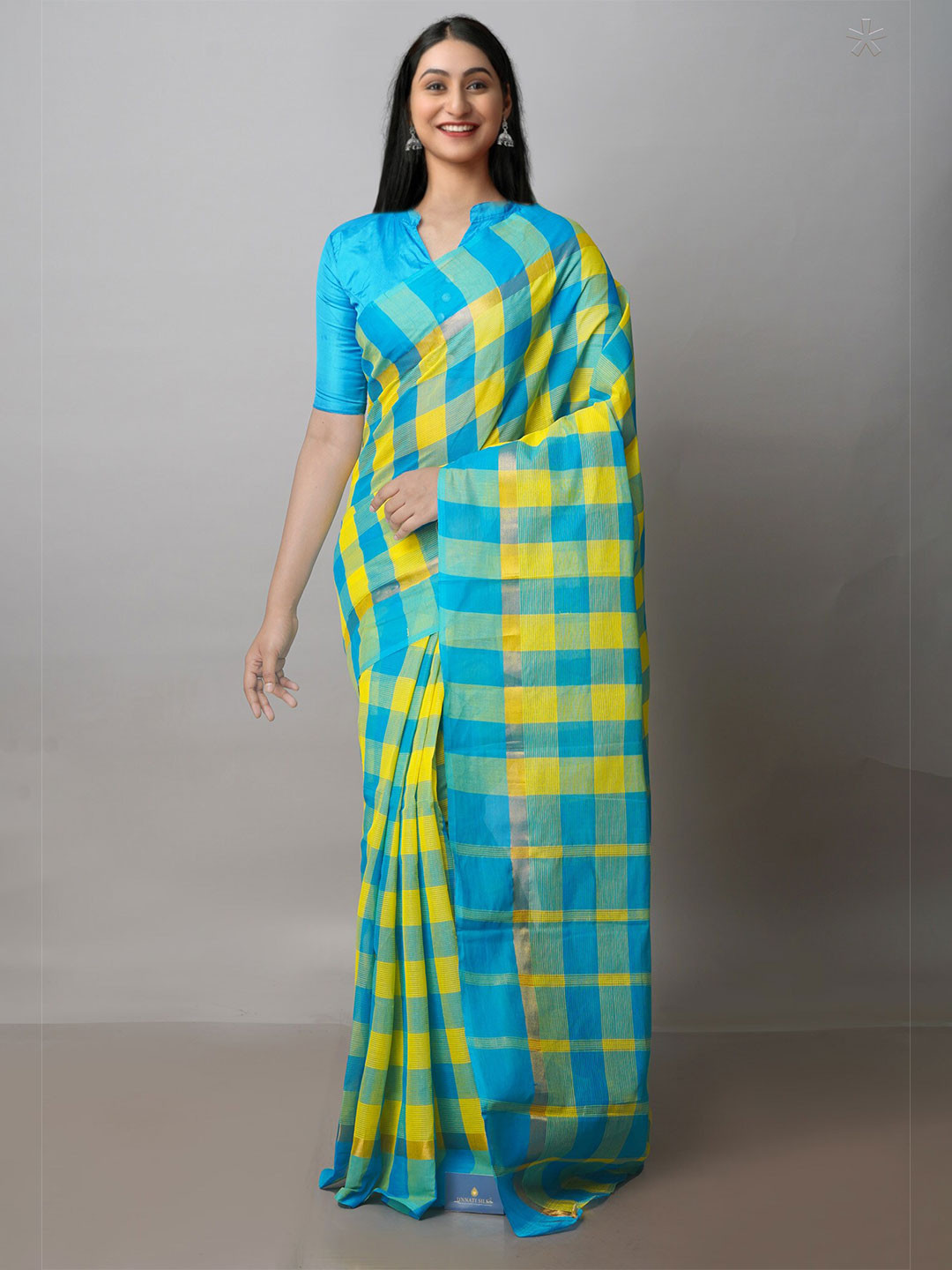 Buy Unnati Silks Checked Pure Cotton Handloom Mangalagiri Zari Saree ...