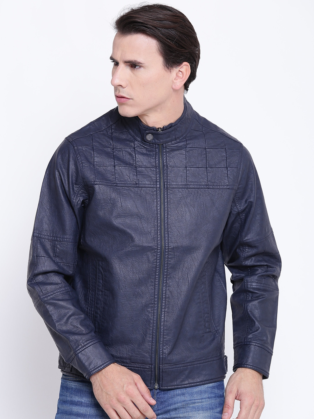 Buy Monte Carlo Men Navy Blue Solid Biker Jacket - Jackets for Men ...