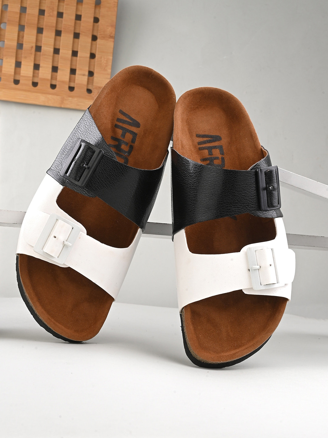 Buy AfroJack Women Two Straps Colourblocked Open Toe Flats With Buckles ...