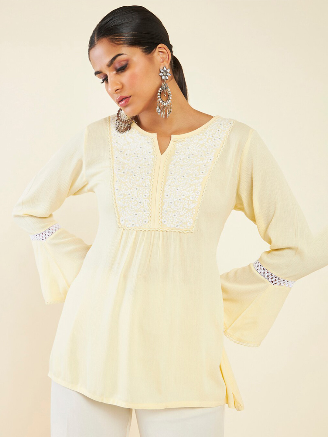 Buy Soch Floral Embroidered Bell Sleeves Crepe Tunic - Tunics for Women ...