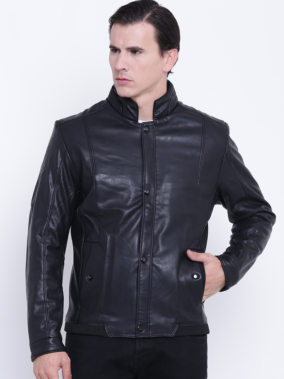 Buy Fort Collins Men Black Solid Biker Jacket - Jackets for Men 2250428 ...