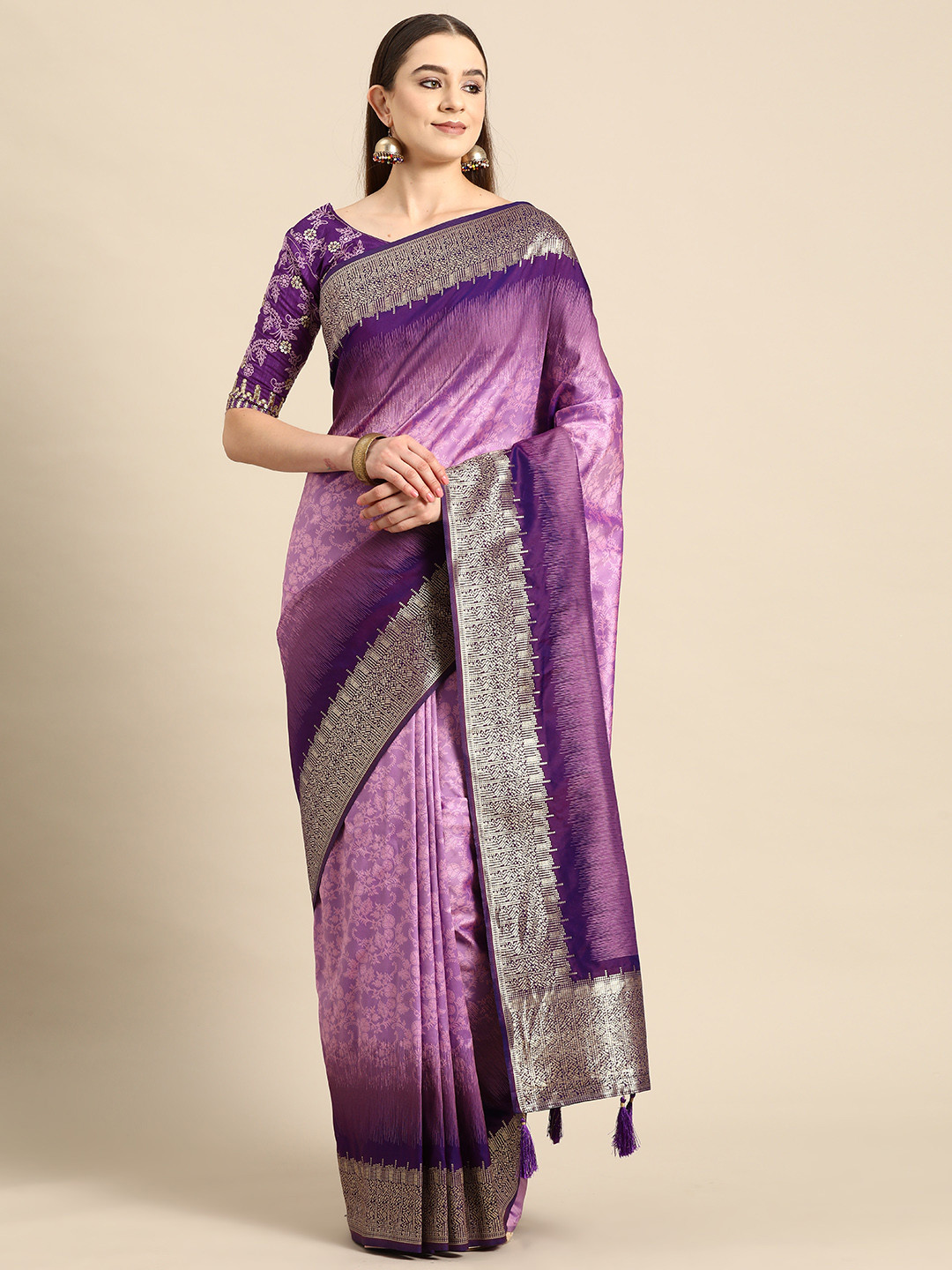 Buy MANOHARI Purple Woven Design Silk Blend Banarasi Saree - Sarees for ...