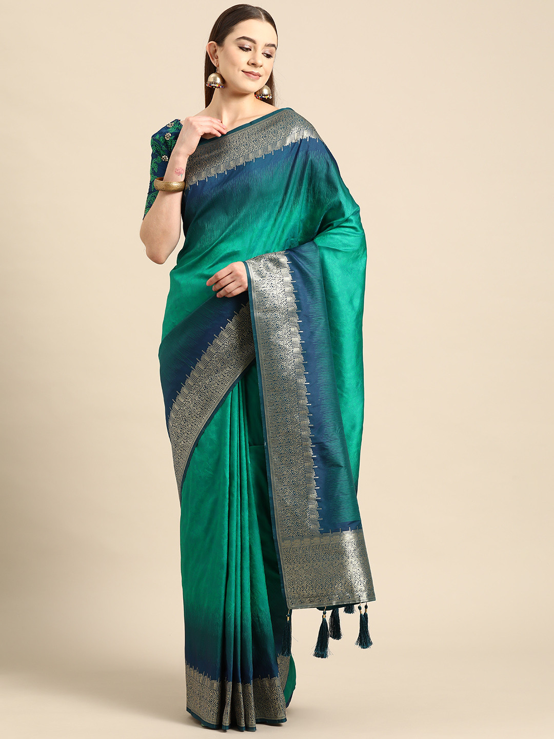 Buy MANOHARI Blue Woven Design Silk Blend Banarasi Saree - Sarees for ...