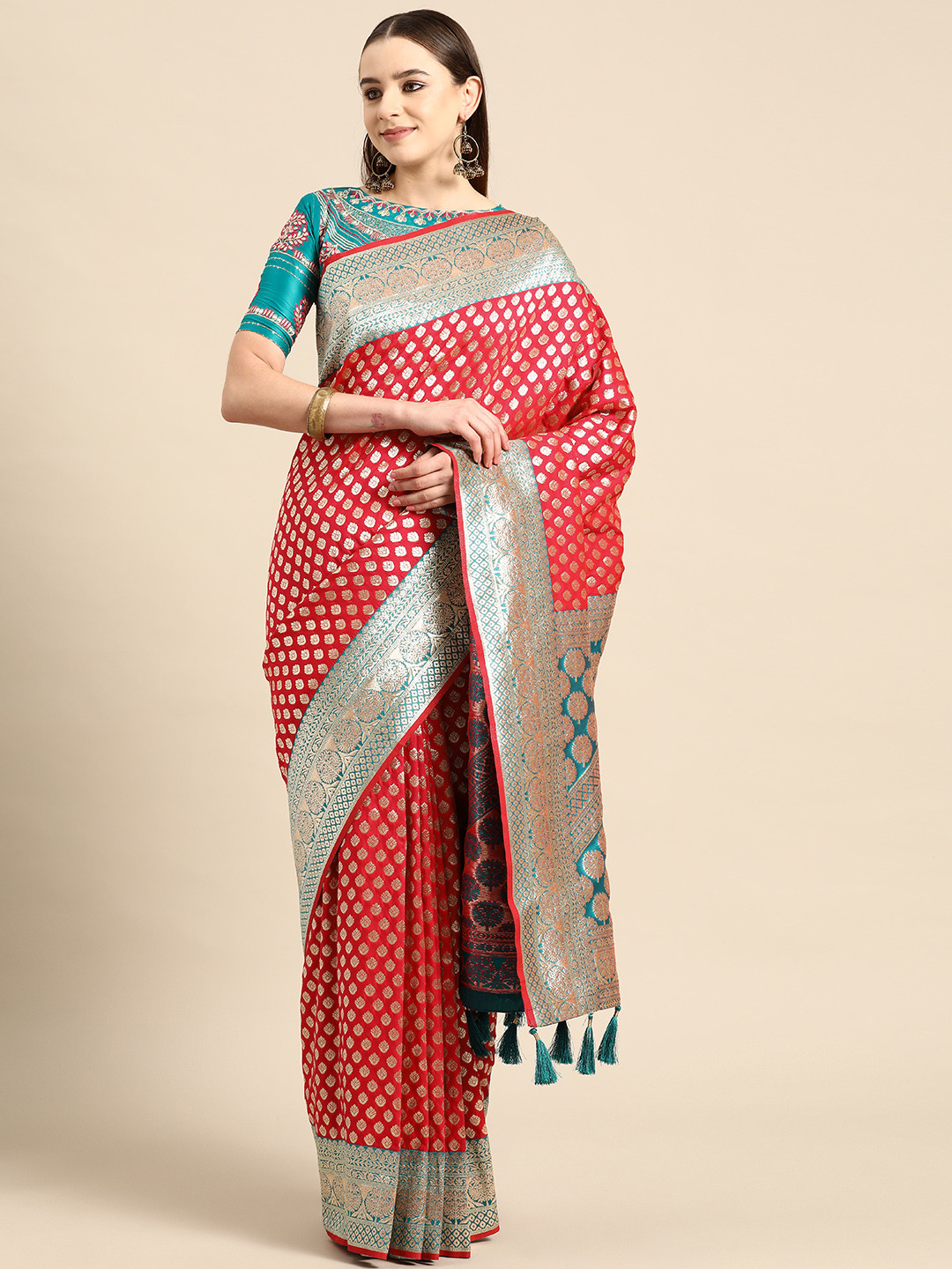 Buy MANOHARI Pink Woven Design Silk Blend Banarasi Saree - Sarees for ...