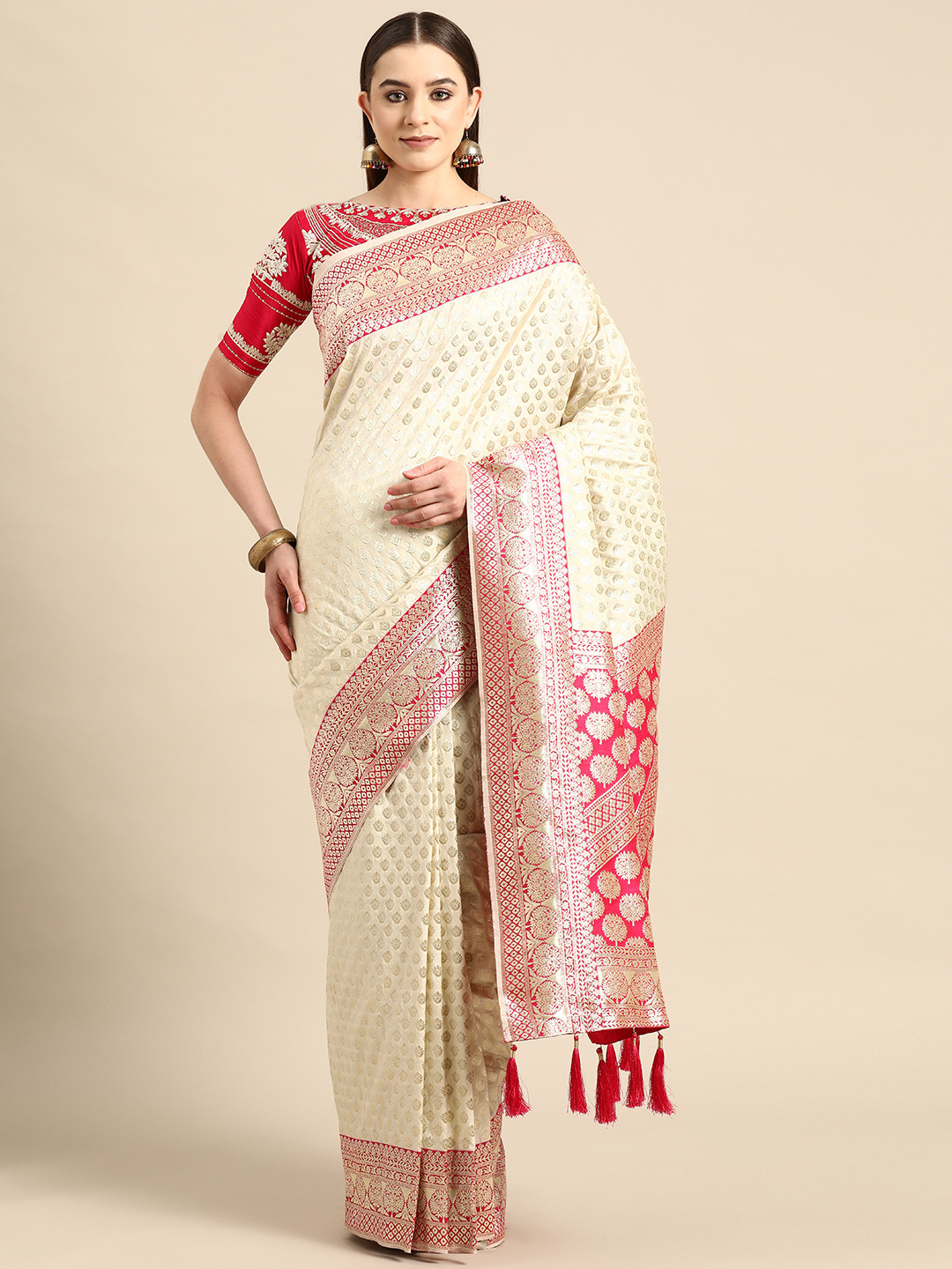 Buy MANOHARI White & Pink Woven Design Silk Blend Banarasi Saree ...