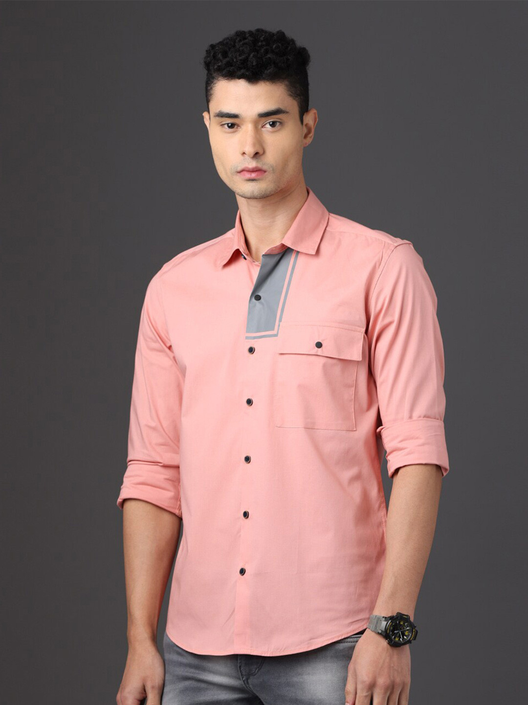 Buy FOGA Men Spread Collar Long Sleeves Cotton Casual Shirt - Shirts ...