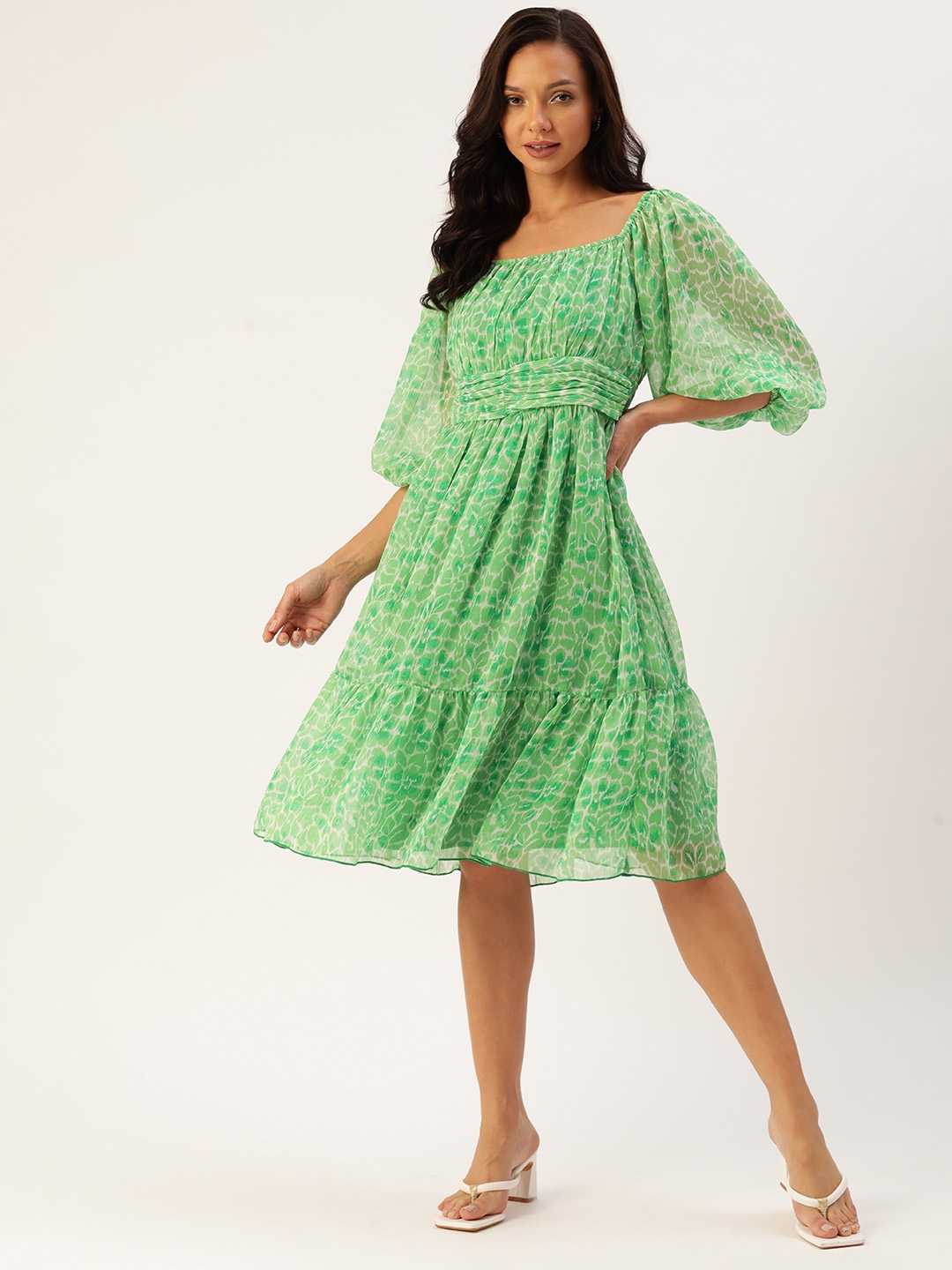 Buy Antheaa Print Puff Sleeve Chiffon A Line Midi Dress Dresses For
