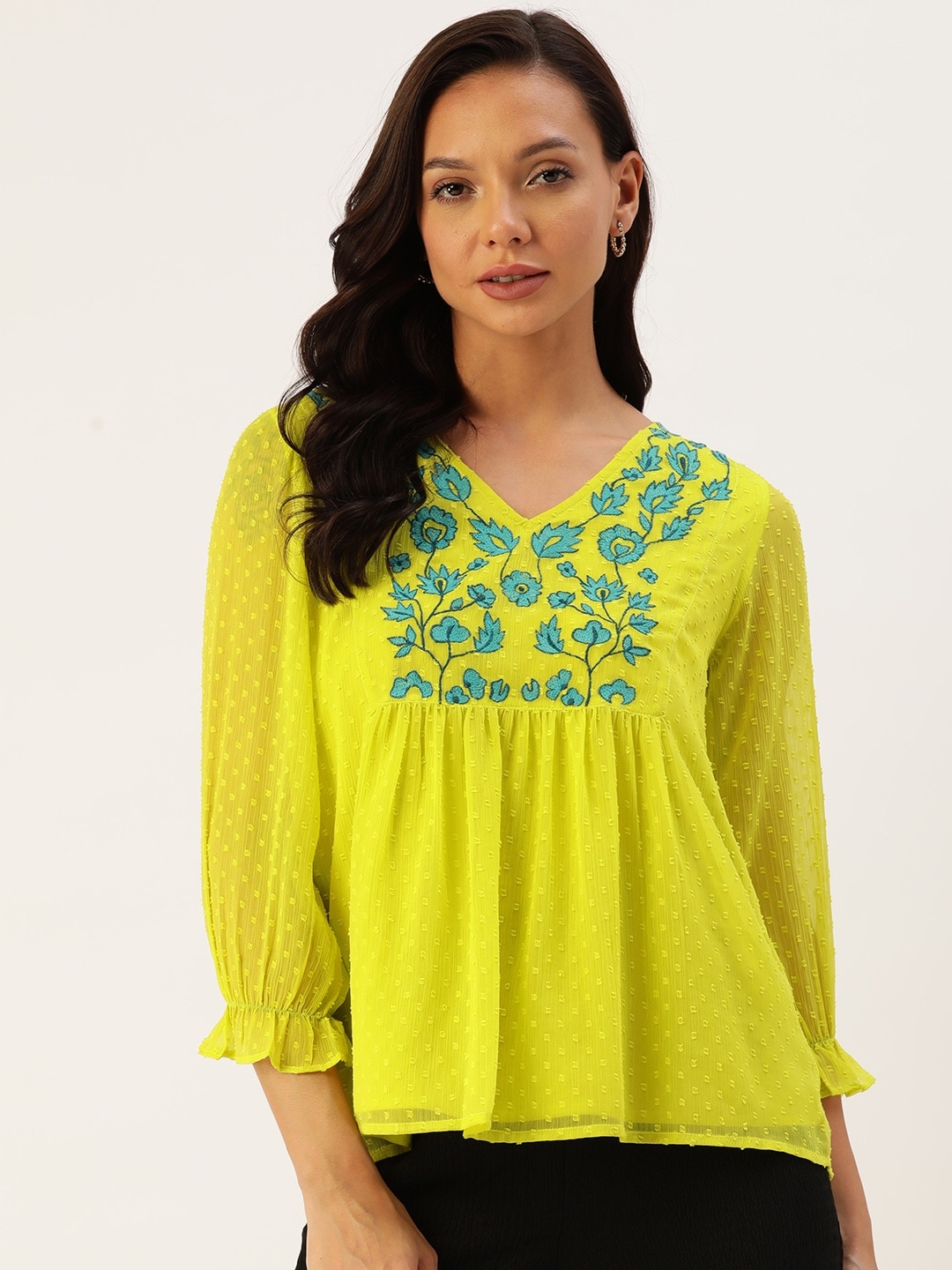 Buy Antheaa Floral Embroidered Puff Sleeve Chiffon Peplum Top Tops