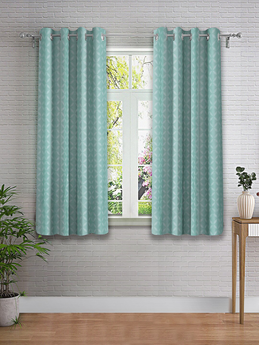 Buy Cortina Turquoise Blue & White 2 Pieces Printed Window Curtain ...