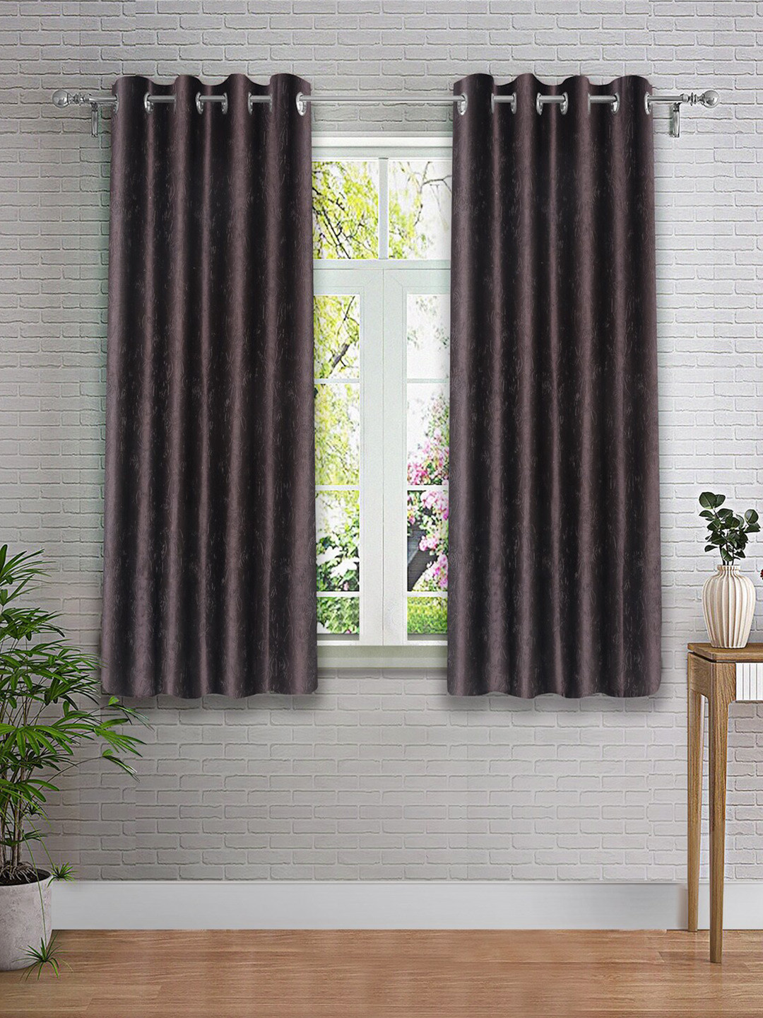 Buy Cortina Brown & Silver Toned 2 Pieces Floral Printed Window ...