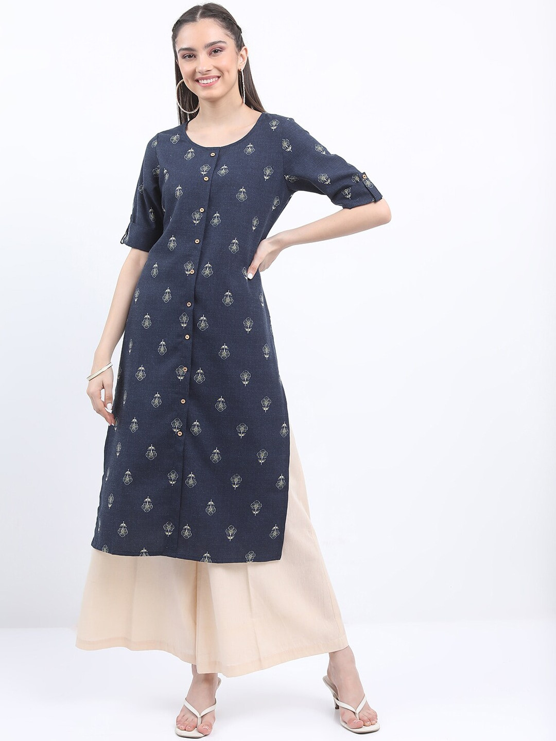 Buy KETCH Floral Printed Round Neck Roll Up Sleeves Straight Kurta ...