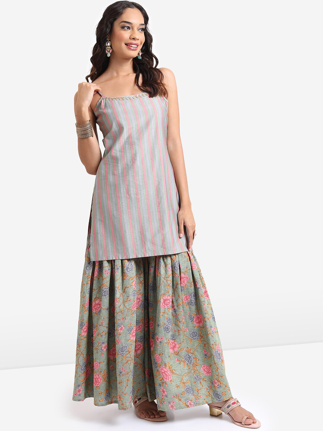 Buy KETCH Striped Shoulder Strap Kurti With Sharara & Dupatta - Kurta ...