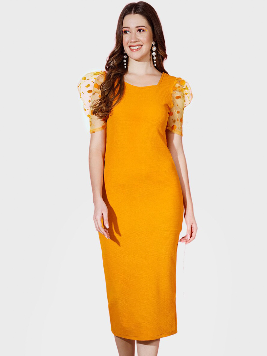 Buy BUY NEW TREND Puff Sleeve Sheath Midi Dress - Dresses for Women ...