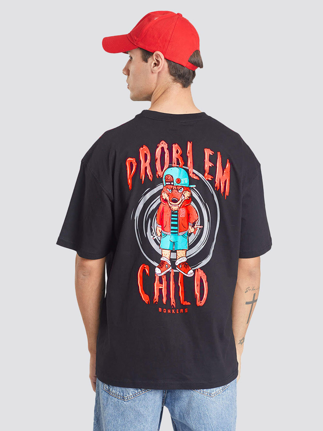 Buy Bonkers Corner Black Problem Child Printed Drop Shoulder Sleeves ...