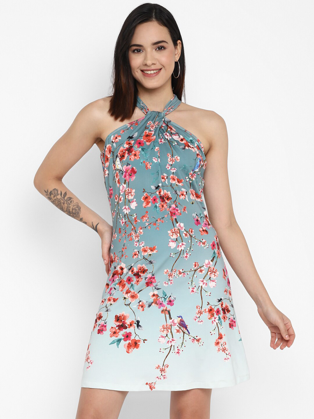 Buy Taurus Teal Halter Neck Floral Printed A Line Mini Dress - Dresses ...