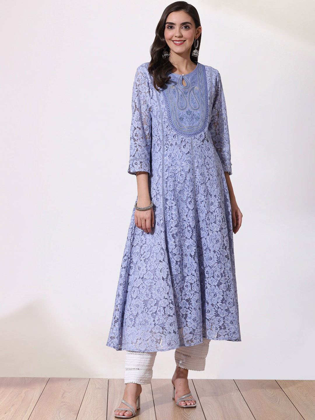 Buy Lakshita Floral Self Design Keyhole Neck Sequinned Anarkali Kurta ...