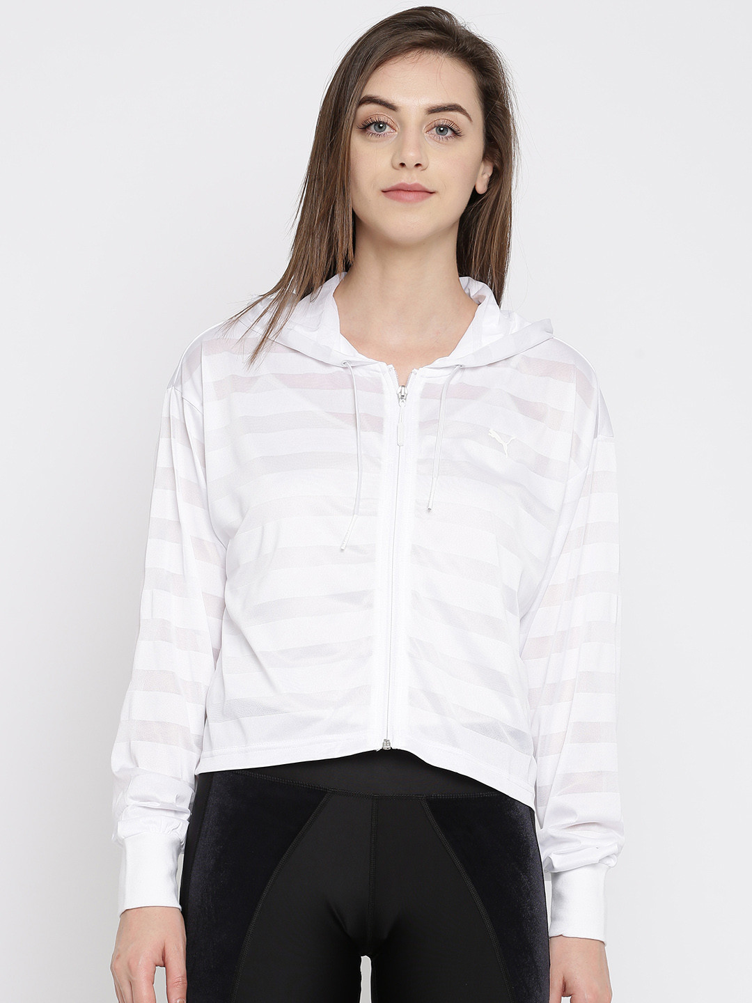 Buy Puma Women White Striped Burn Out Fullzip Sporty Jacket - Jackets ...