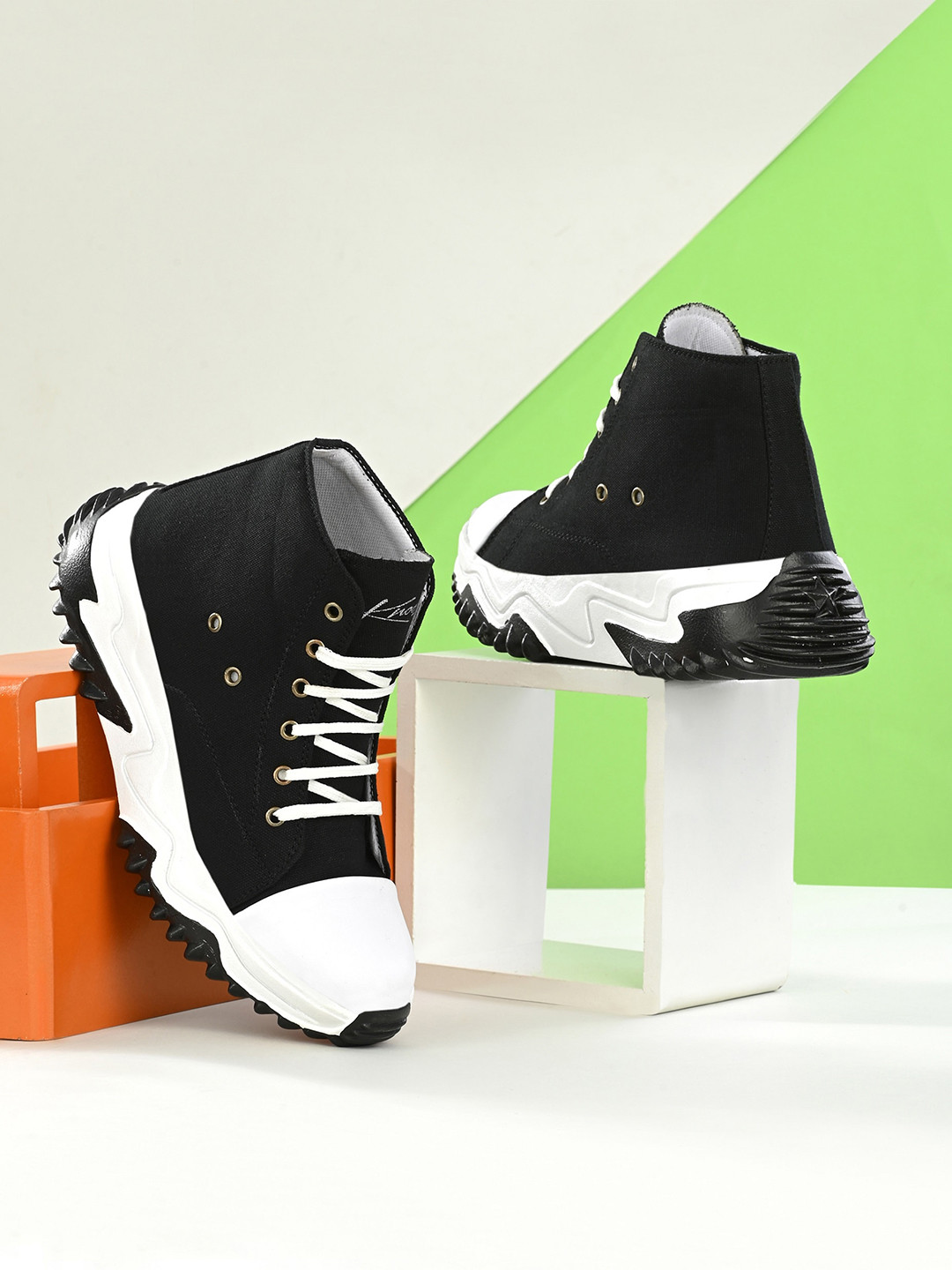 Buy Knoos Women Mid Top Comfort Insole Contrast Sole Canvas Sneakers ...