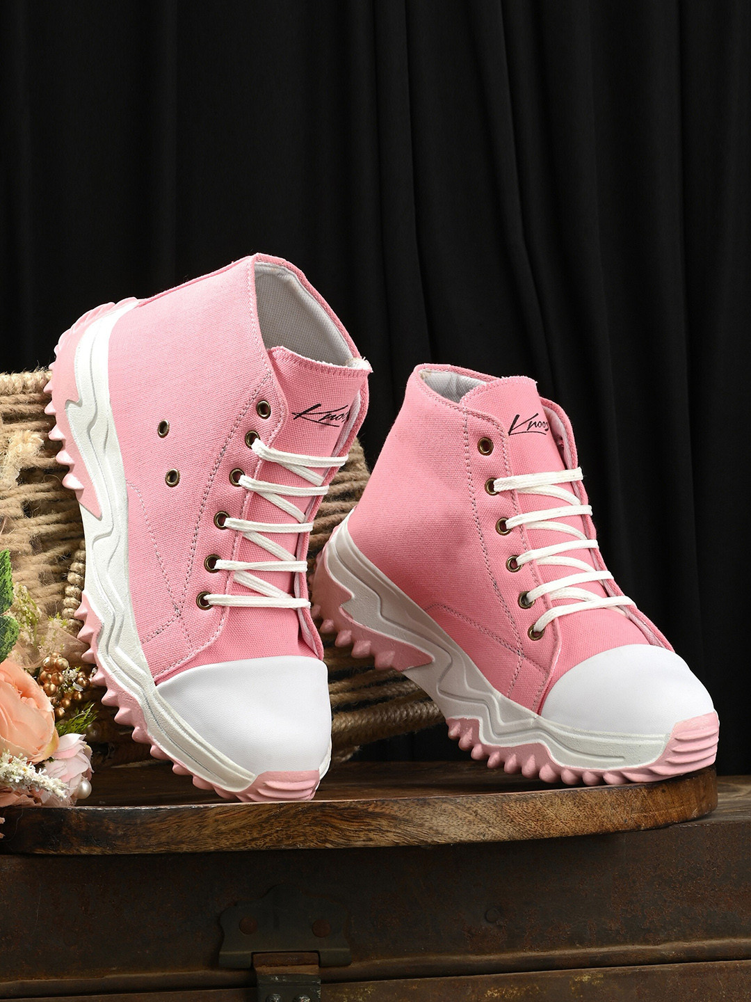 Buy Knoos Women Mid Top Comfort Insole Contrast Sole Canvas Sneakers ...