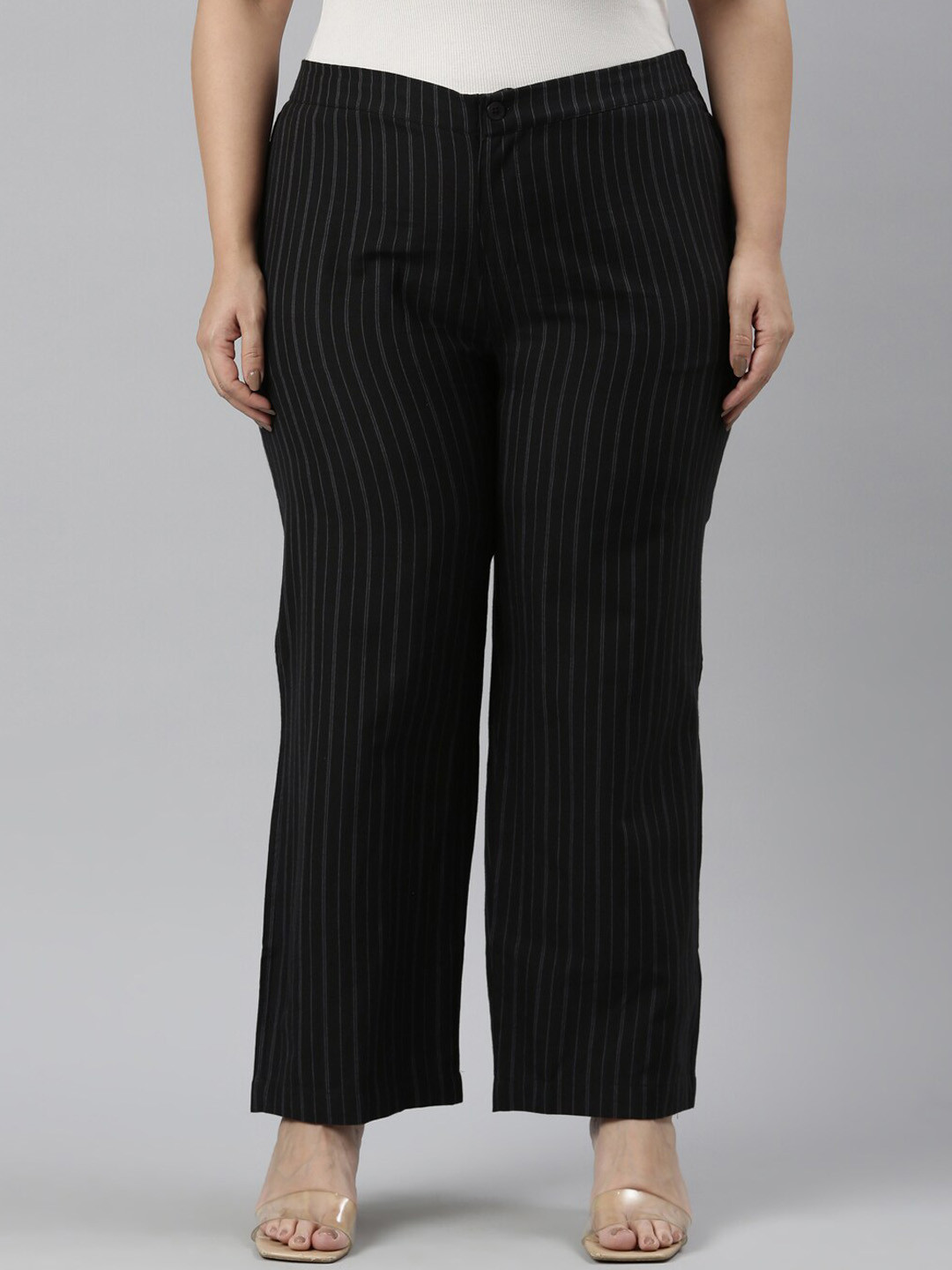 Buy Go Colors Plus Size Women Relaxed Mid Rise Striped Knitted Linen ...