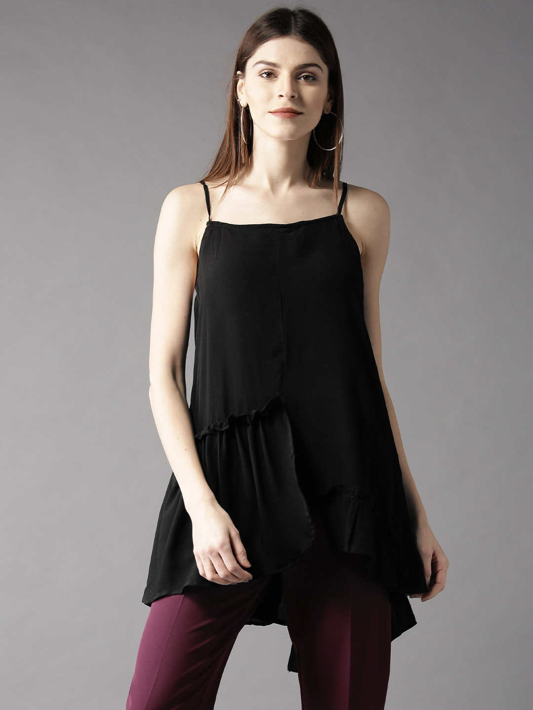 Buy HERE&NOW Women Black Solid Frilled Longline A Line Top - Tops for ...