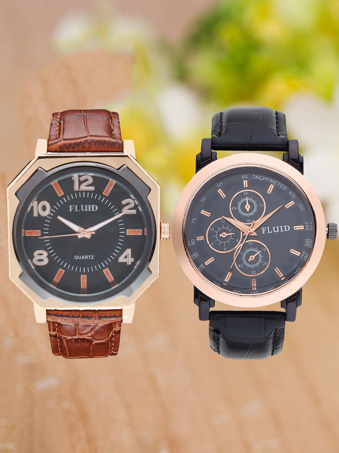 Buy FLUID Pack Of 2 Men Black Dial & Brown Leather Straps Analogue ...