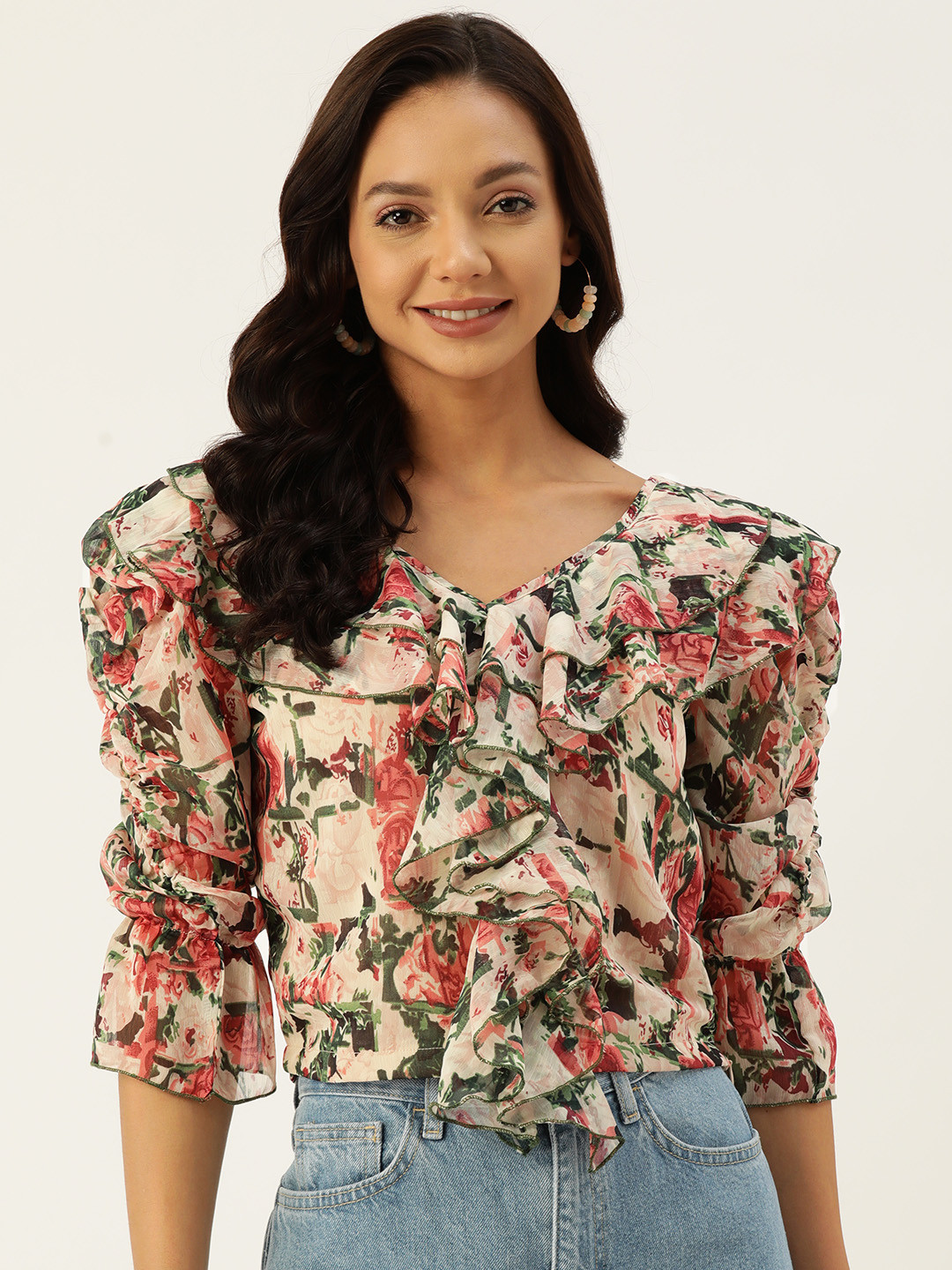 Buy Deewa Floral Print Puff Sleeve Ruffles Chiffon Crop Top - Tops for ...