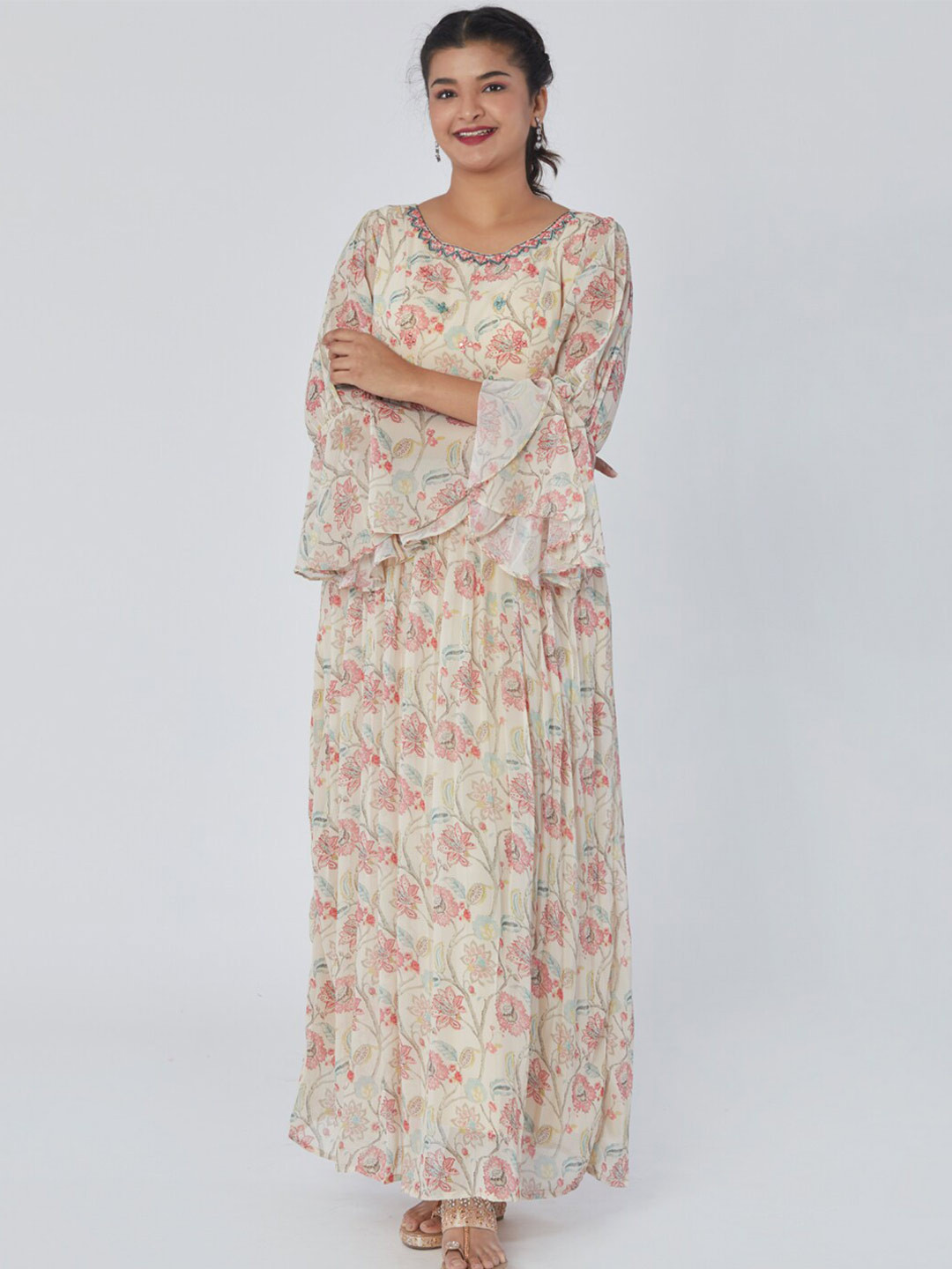 Buy Taruni Floral Printed Bell Sleeves Georgette Ethnic Dress - Ethnic ...