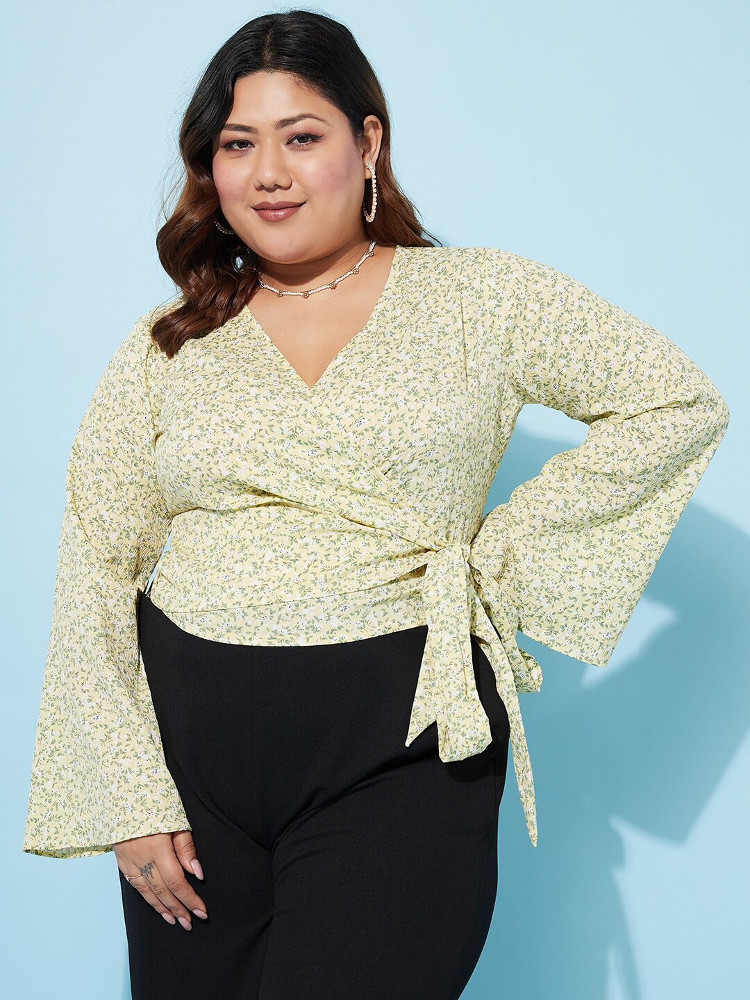 Buy Athena Ample Plus Size Floral Printed Bell Sleeves Wrap Top - Tops ...