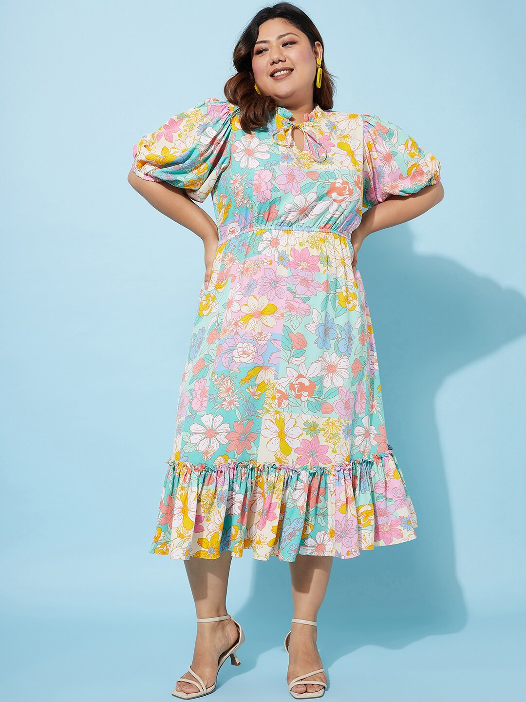 Buy Athena Ample Plus Size Floral Print Puff Sleeve Crepe A Line Midi ...