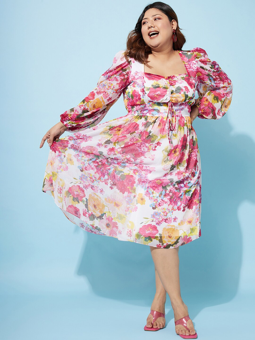 Buy Athena Ample Plus Size Floral Print Puff Sleeve Chiffon Fit & Flare ...